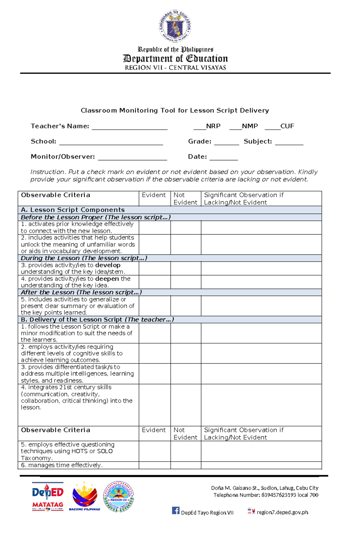Classroom Monitoring TOOL FOR Lesson Script Delivery - DepEd Tayo ...
