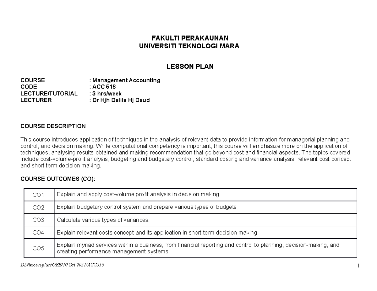ACC516 Lesson PLAN OBE 2021 - FAKULTI PERAKAUNAN UNIVERSITI TEKNOLOGI ...