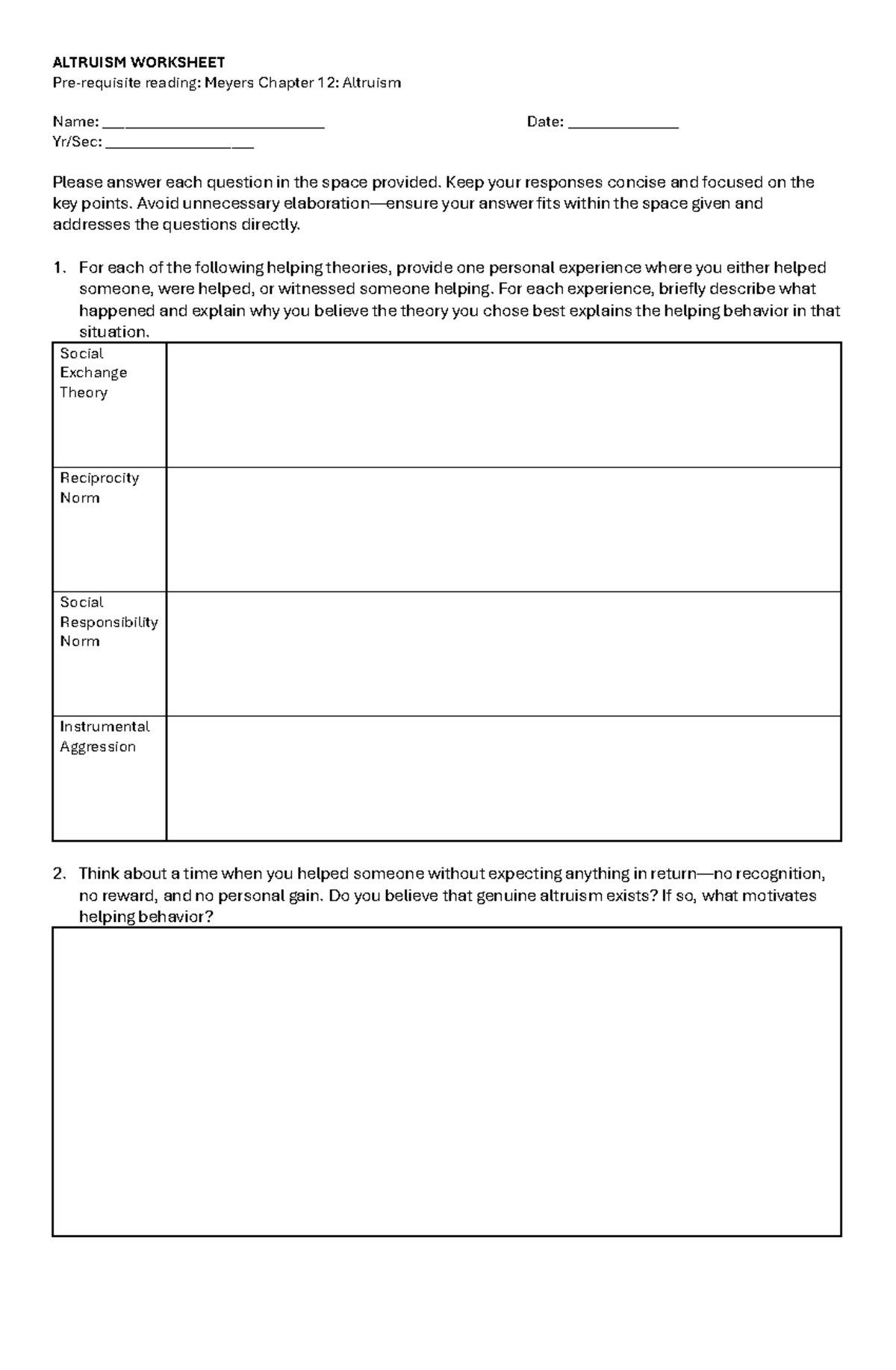 Altruism Worksheet - ALTRUISM WORKSHEET Pre-requisite reading: Meyers ...