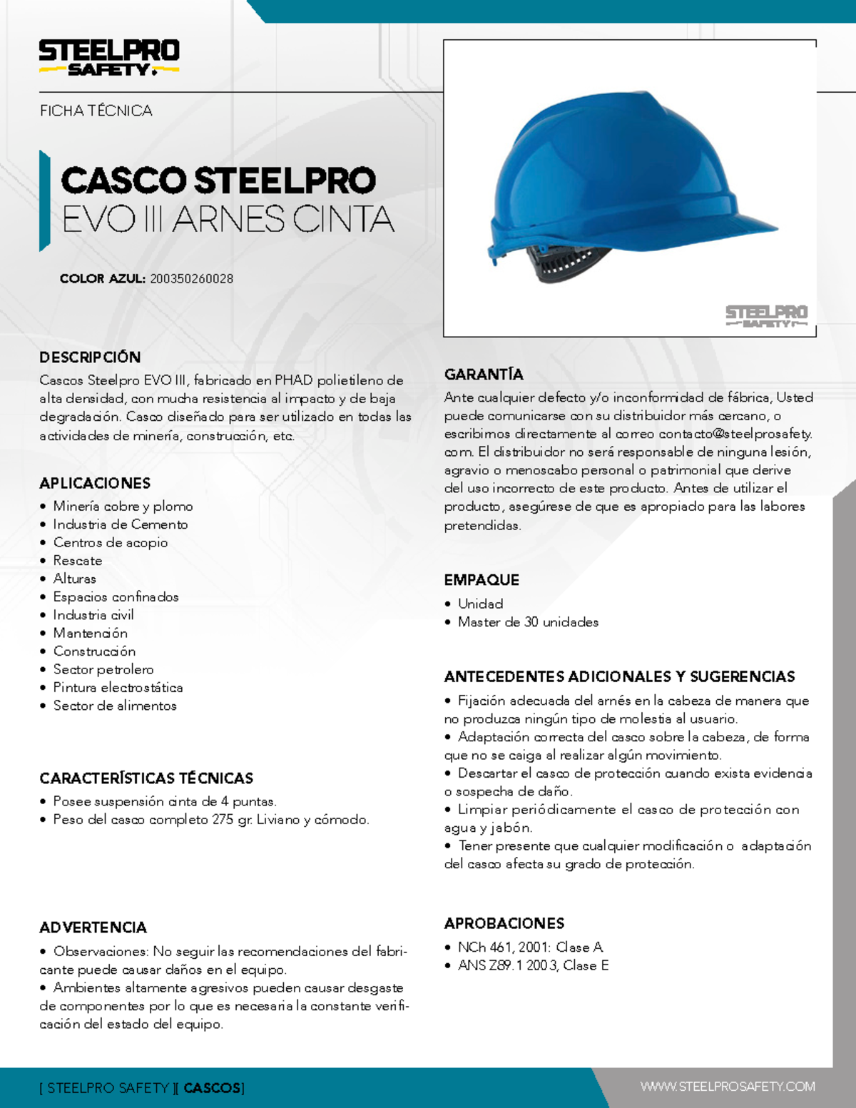 Ficha Tecnica- Casco- Steelpro-EVO-III- Arnes- Cinta-AZUL - CASCO ...