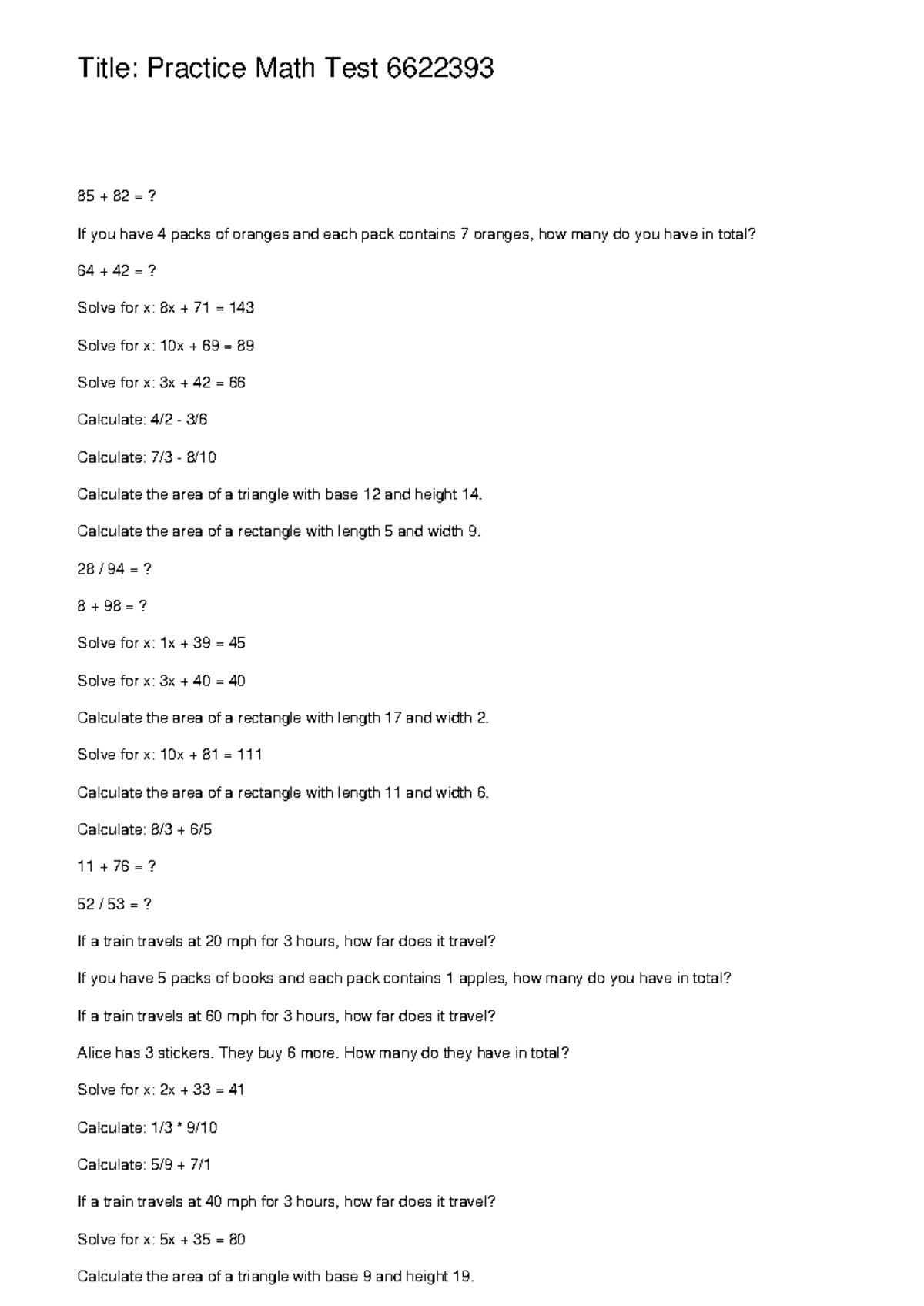 Practice Math Test 6622393 - Title: Practice Math Test 6622393 85 + 82 ...