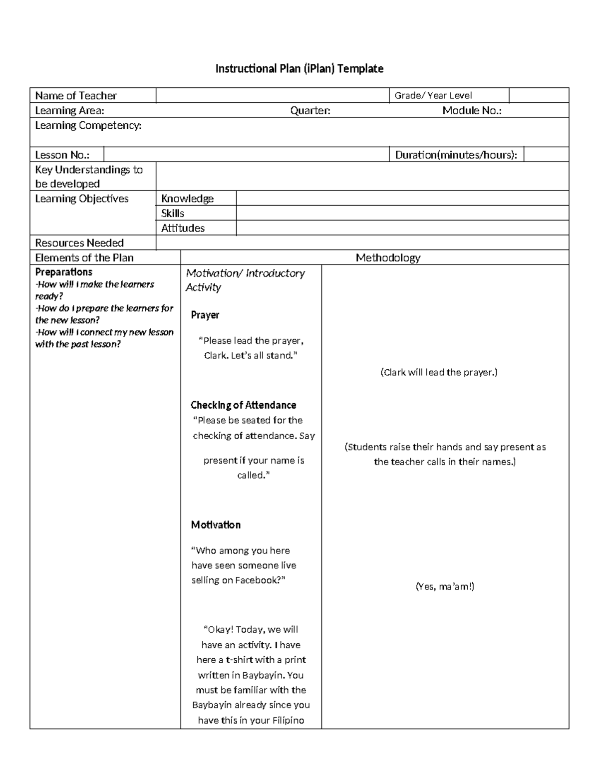 I Plan-format - This is an iPlan format. - Instructional Plan (iPlan ...