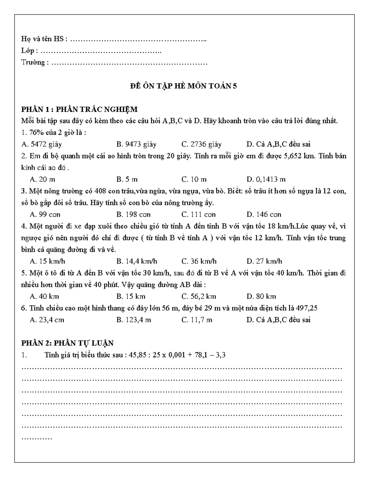 De on he mon toan lop 5 len lop 6 - Họ và tên HS : - Studocu