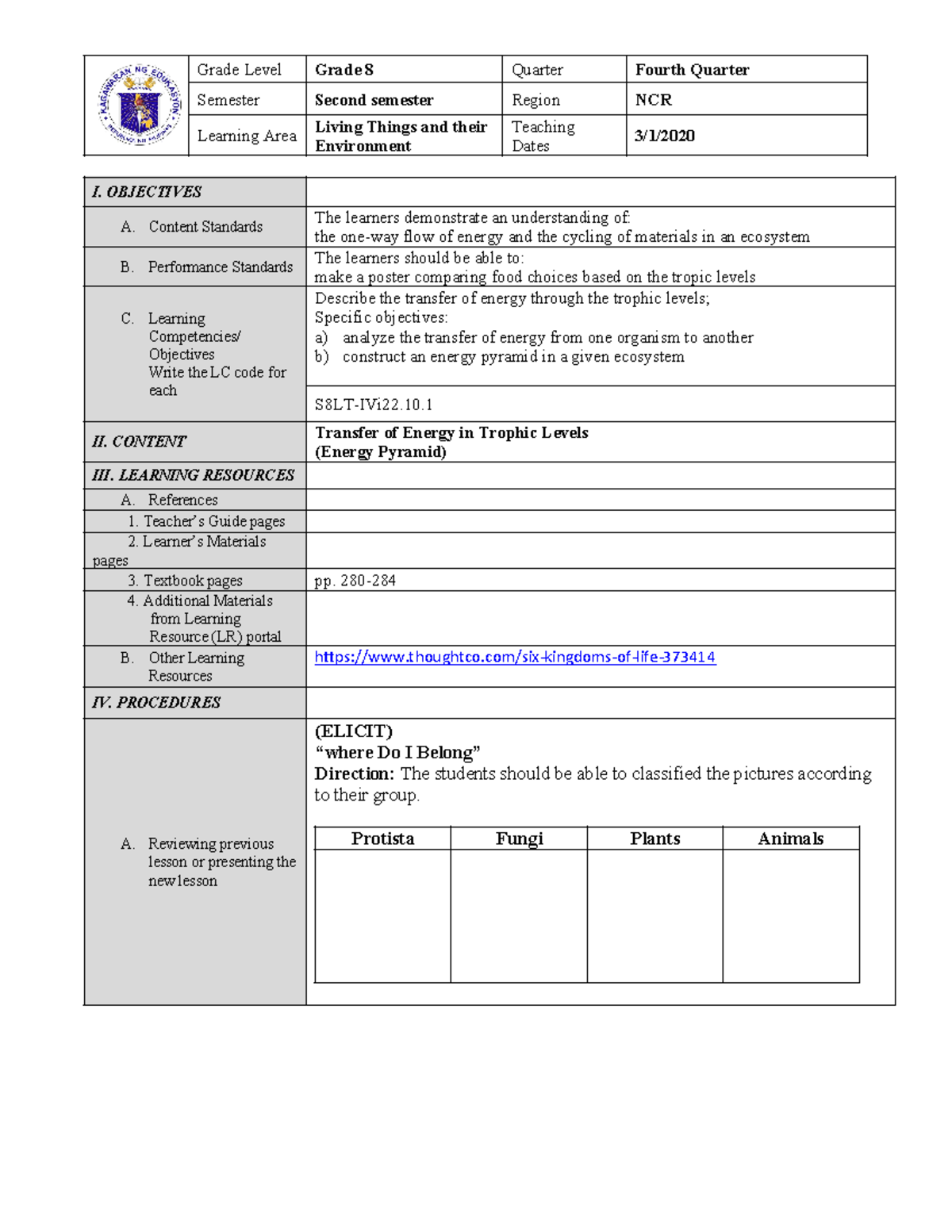 Transfer of Energy - Semester Second semester Region NCR Learning Area ...