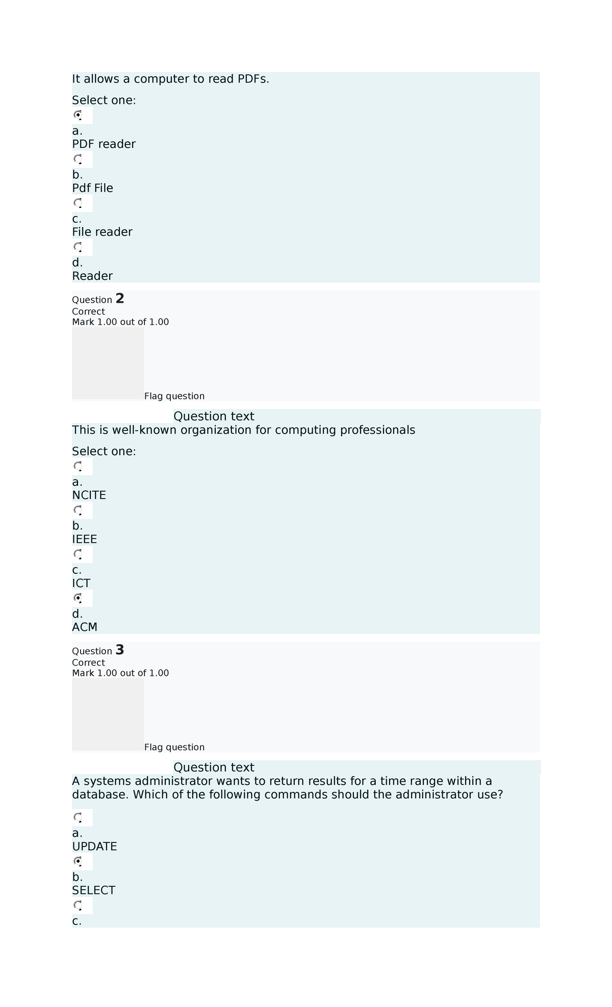 Prelim Exam cheat answers all - It allows a computer to read PDFs. Select one: a. PDF reader b ...