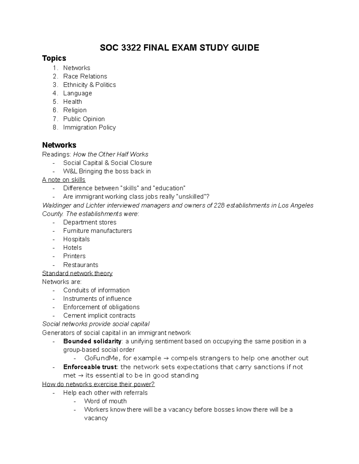 SOC Final Study Guide - SOC 3322 FINAL EXAM STUDY GUIDE Topics Networks ...