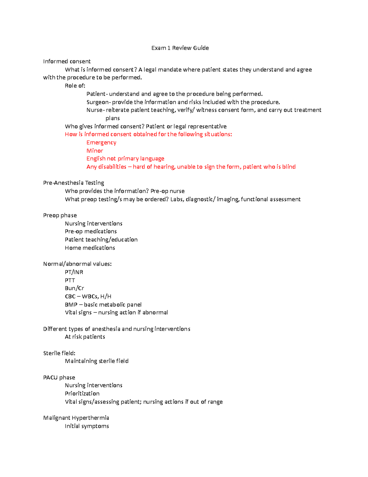 Adult Health 1 study guide - Exam 1 Review Guide Informed consent What ...