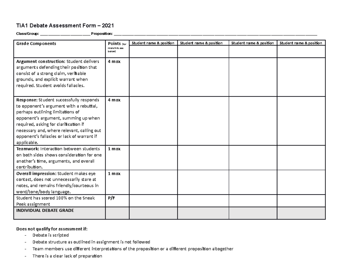 Assessment form TIA1 2021 with elaboration for students - TiA1 Debate ...