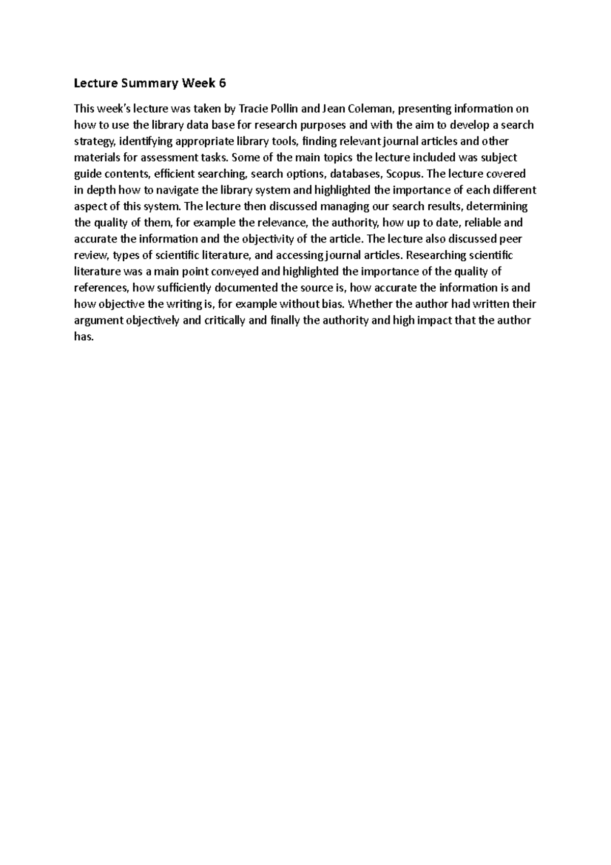 Lect summary 6 - Lecture Summary Week 6 This week’s lecture was taken ...