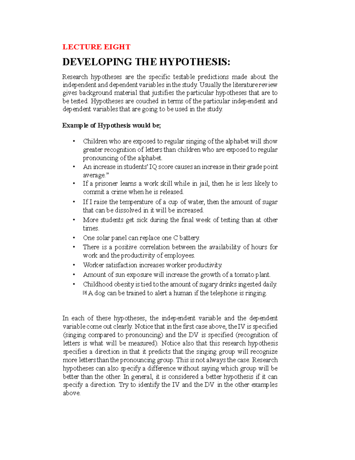 Research methodology notes - LECTURE EIGHT DEVELOPING THE HYPOTHESIS ...