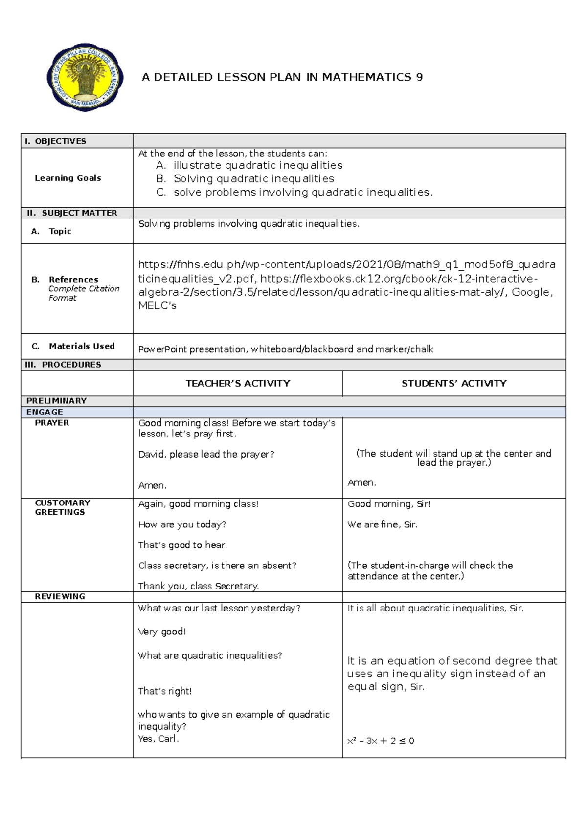 A Detailed Lesson PLAN IN Mathematics 9 - A DETAILED LESSON PLAN IN ...