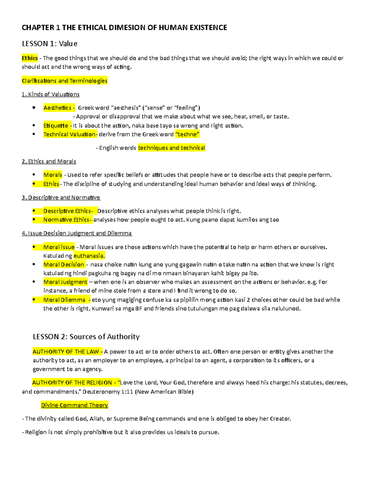 Reviewer - CHAPTER 1 THE ETHICAL DIMESION OF HUMAN EXISTENCE LESSON 1 ...