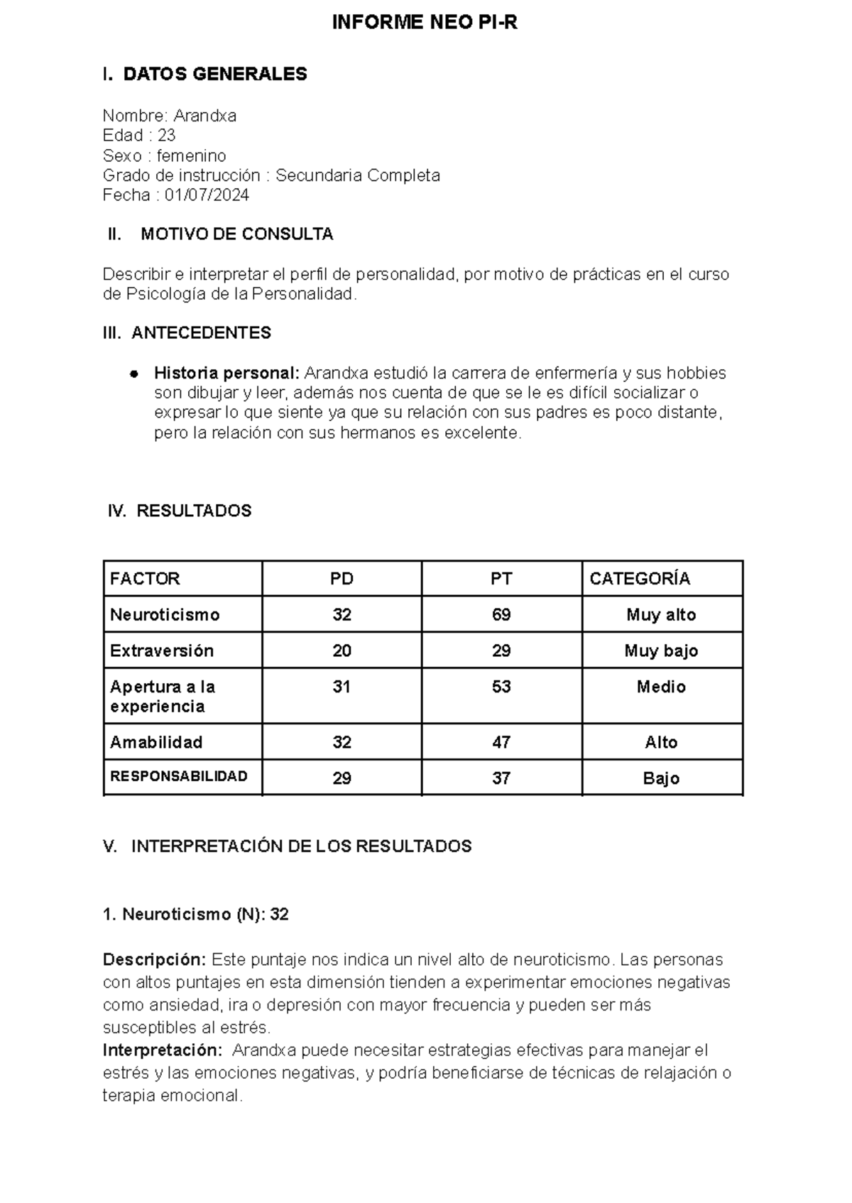Guía Práctica para la Aplicación y Evaluación del Inventario de Personalidad NEO PI-R - INFORME ...