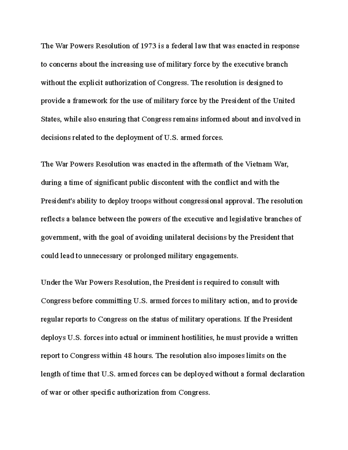 War Powers Resolution of 1973 Notes - The resolution is designed to ...