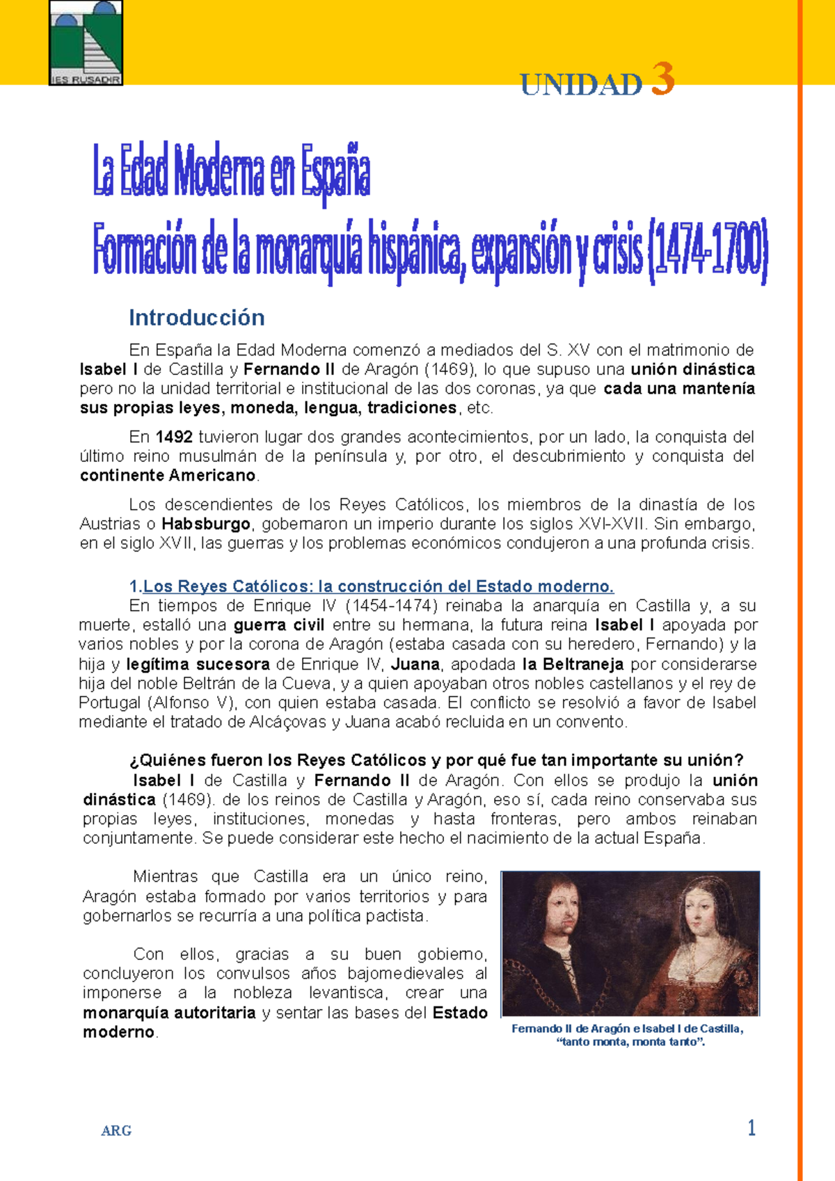 UD 3. Edad Moderna. 2022 2 - ARG 1 Introducción En España la Edad Moderna comenzó a mediados del ...