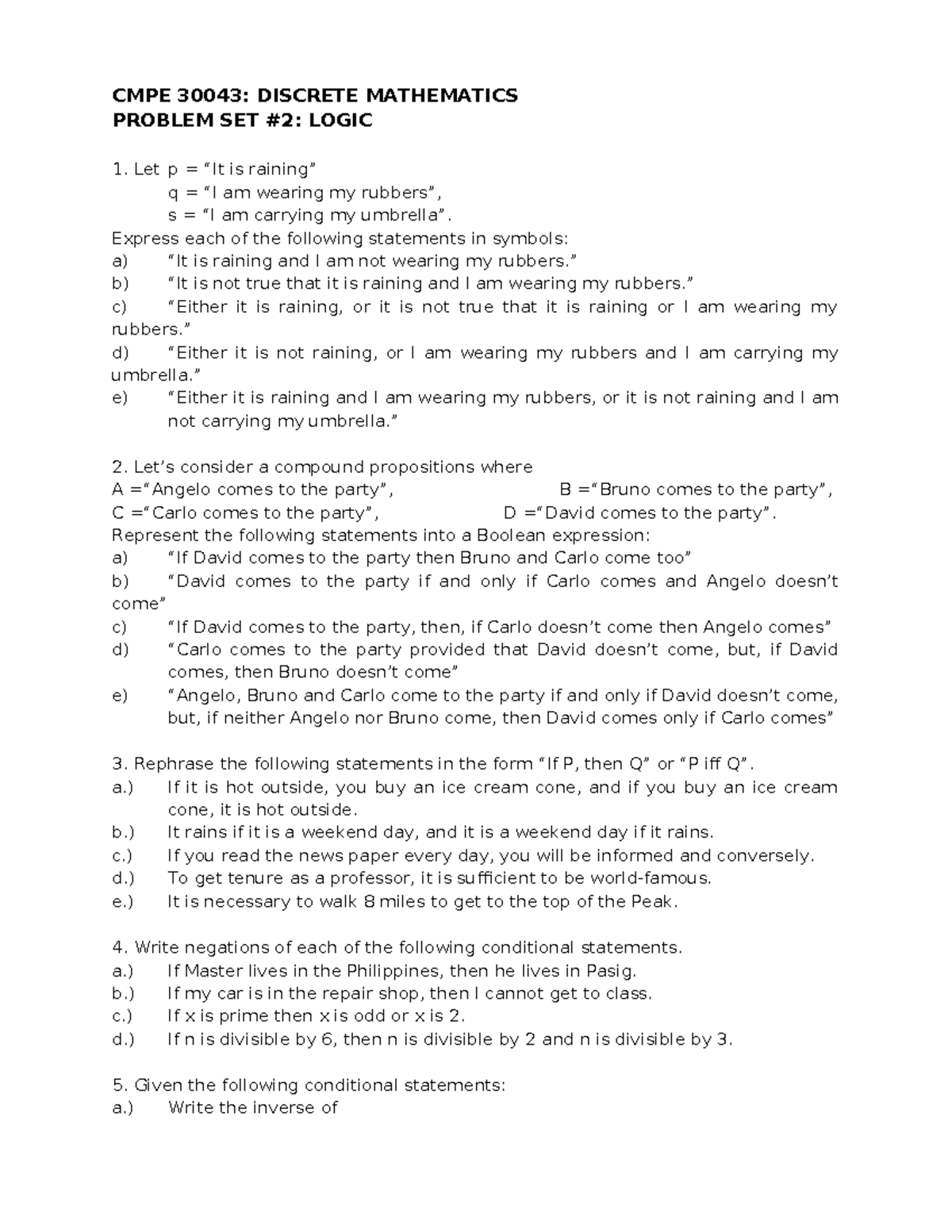 PS2-Logic - afsdf - CMPE 30043: DISCRETE MATHEMATICS PROBLEM SET #2 ...