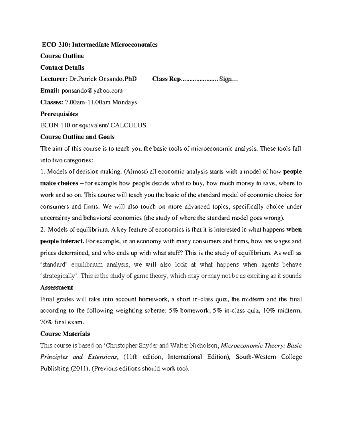 ECO 310 Intermediate Microeconomics for economics students - ECO 310 ...
