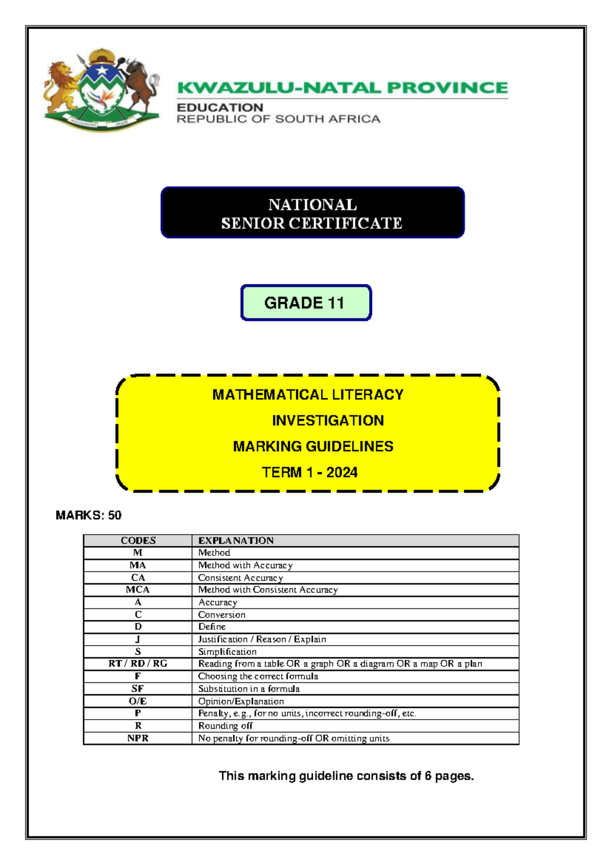 2024 GR 11 Investigation MG - MARKS: 50 CODES EXPLANATION M Method MA ...