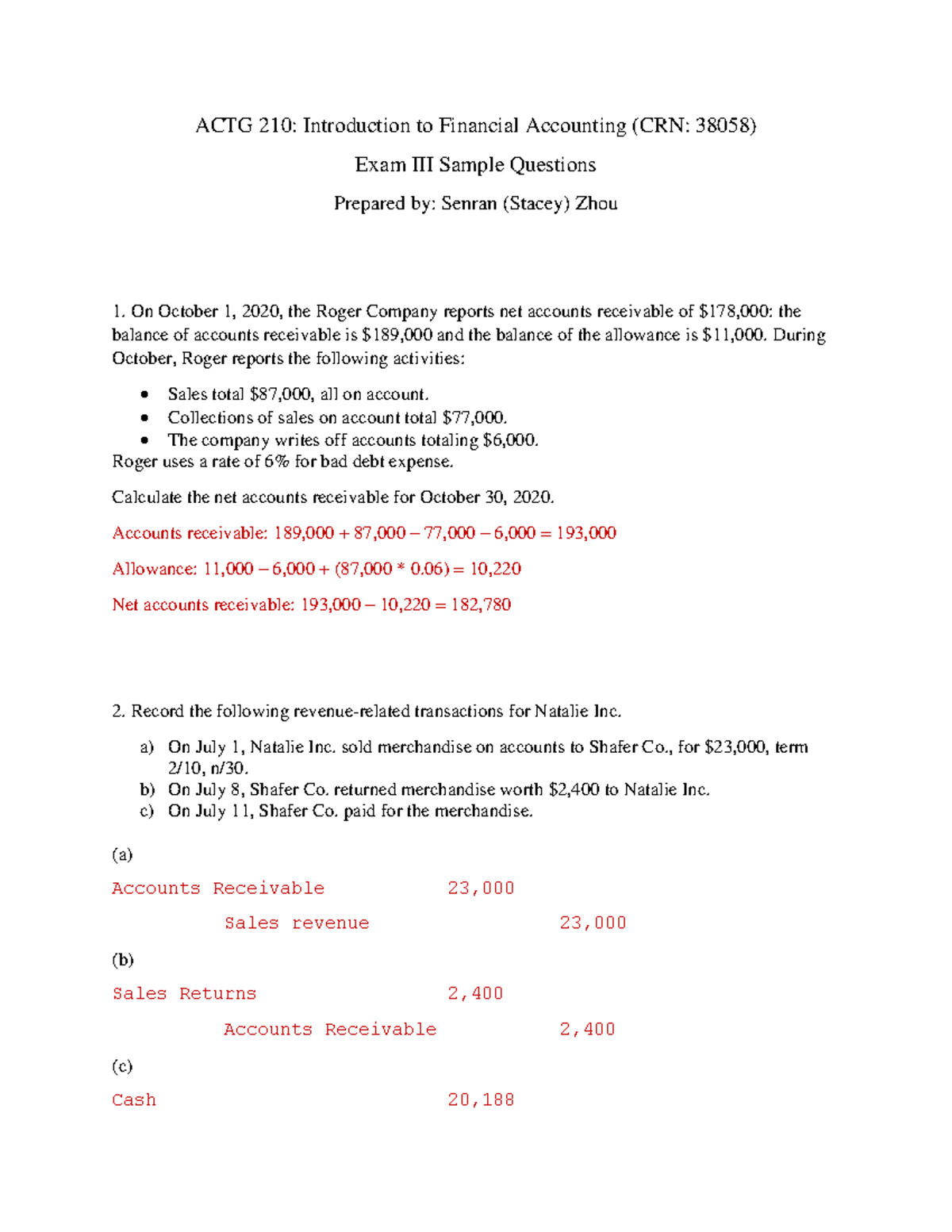Exam 3 Sample Questions-solutions - ACTG 210: Introduction to Financial Accounting (CRN: 38058 ...
