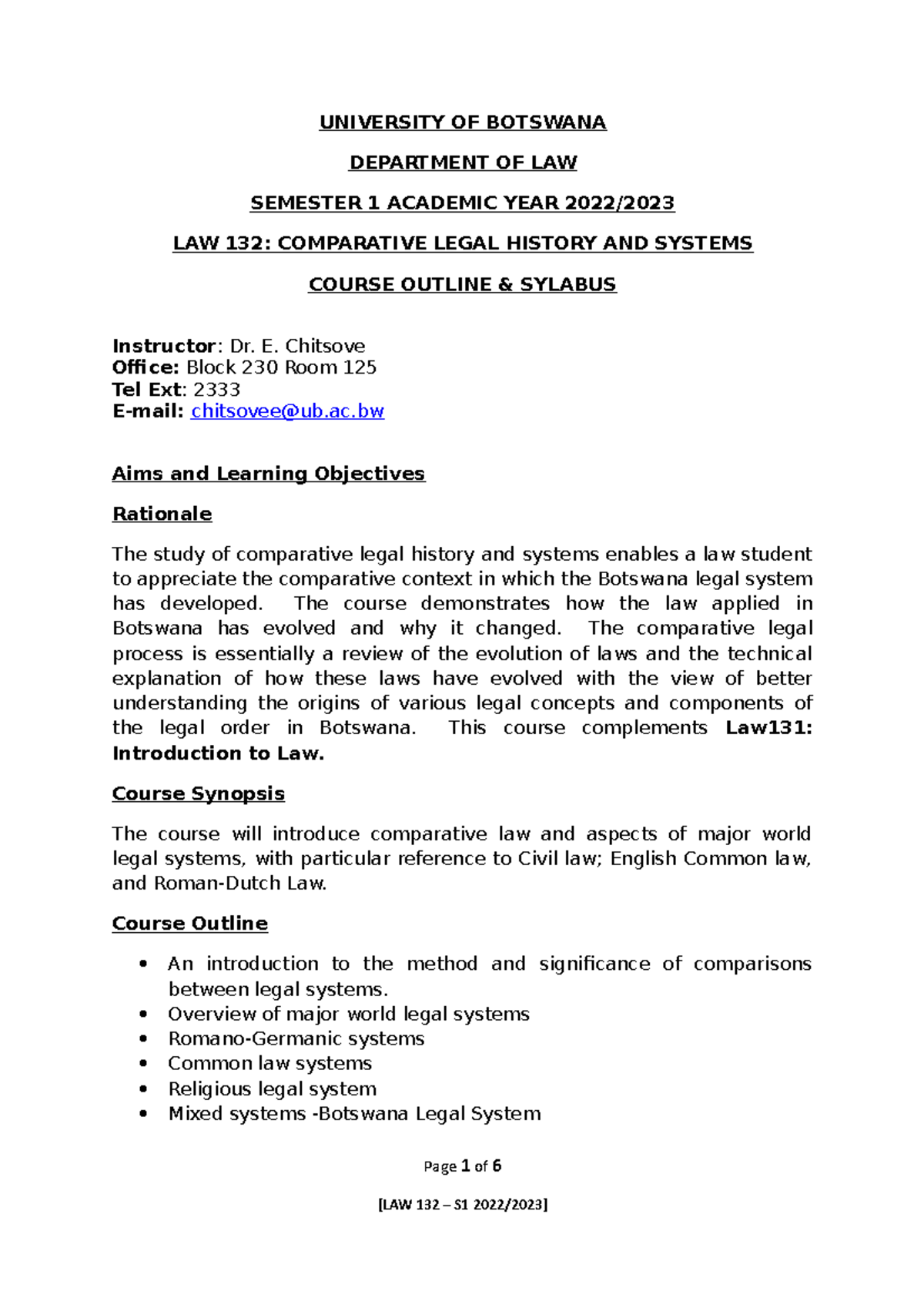 LAW 132 Course Outline - law - UNIVERSITY OF BOTSWANA DEPARTMENT OF LAW ...