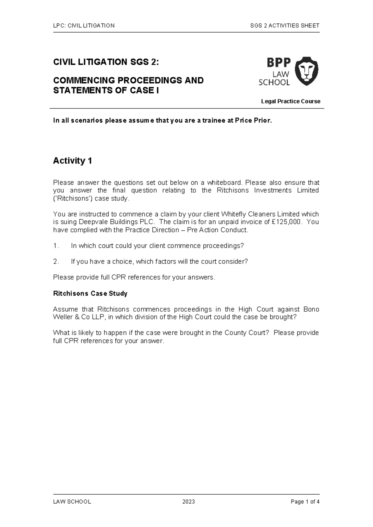 Civil Litigation SGS 2 Activities - LPC: CIVIL LITIGATION SGS 2 ACTIVITIES SHEET CIVIL ...