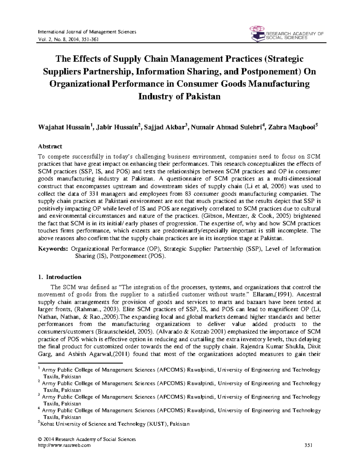 The Effects of Supply Chain Management P - © 2014 Research Academy of ...