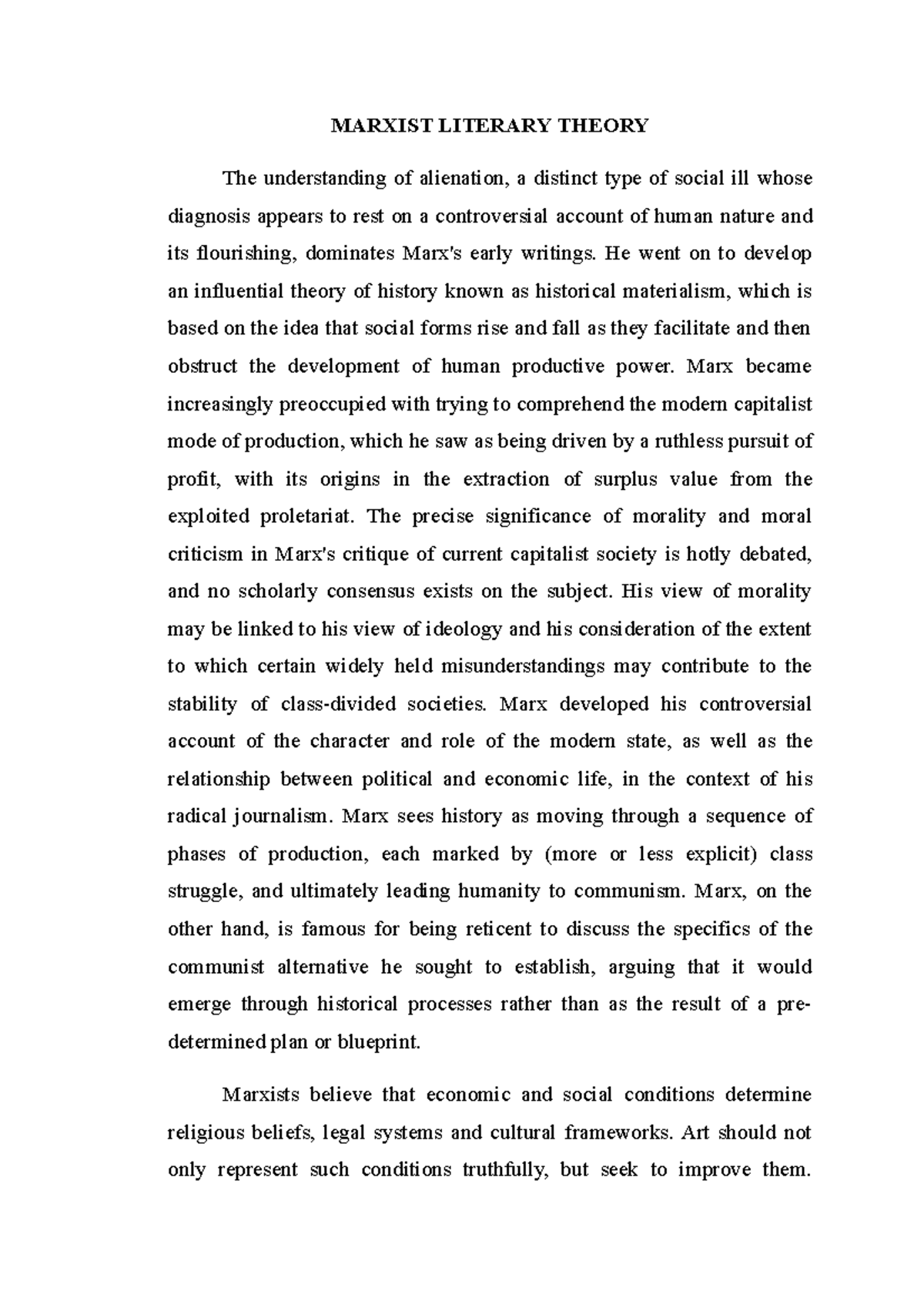 Marxist Literary Theory - MARXIST LITERARY THEORY The understanding of ...