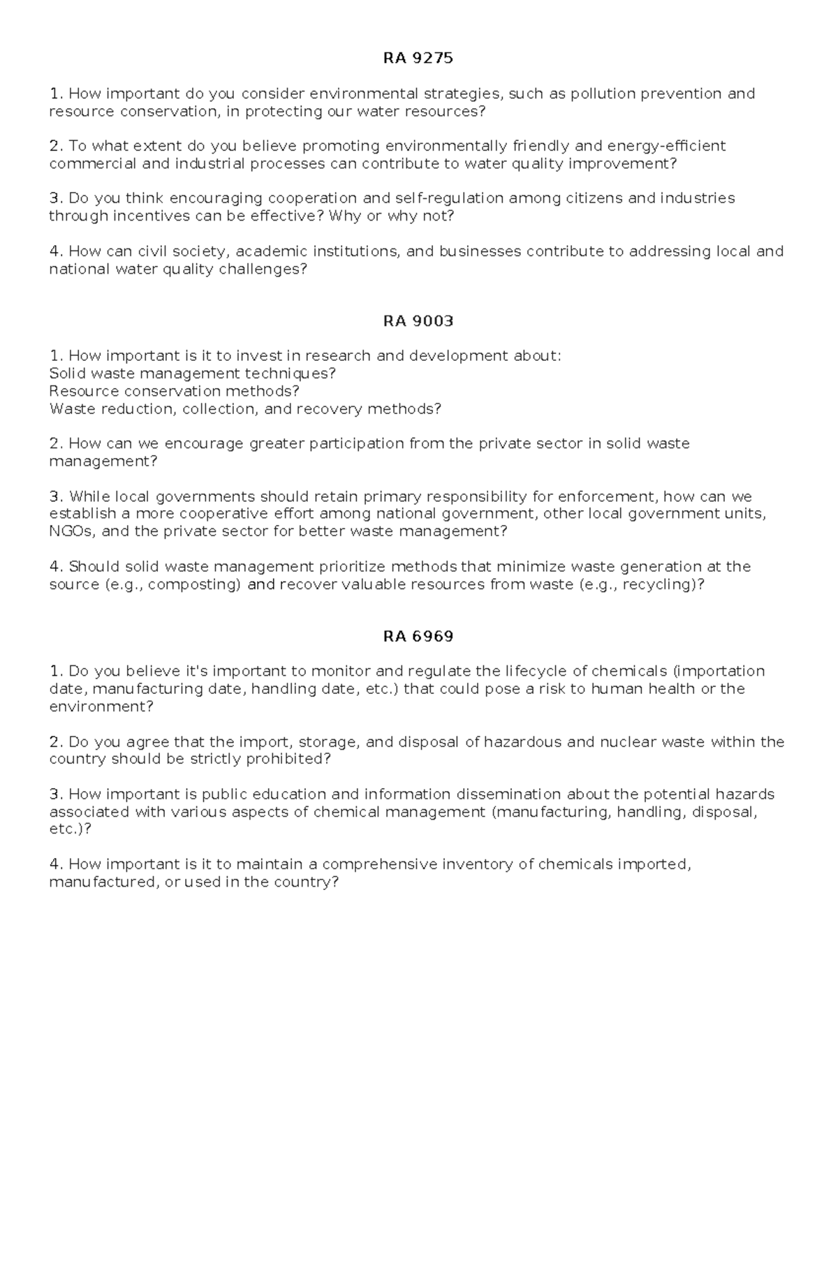ENVI LAW Questions - RA 9275 How important do you consider ...