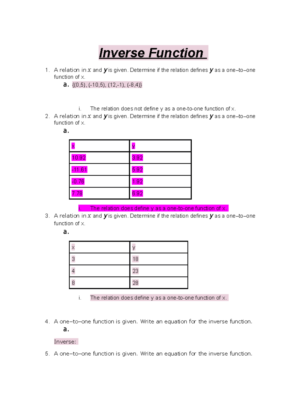 Inverse Function - A relation in x and y is given. Determine if the relation defines y as a ...