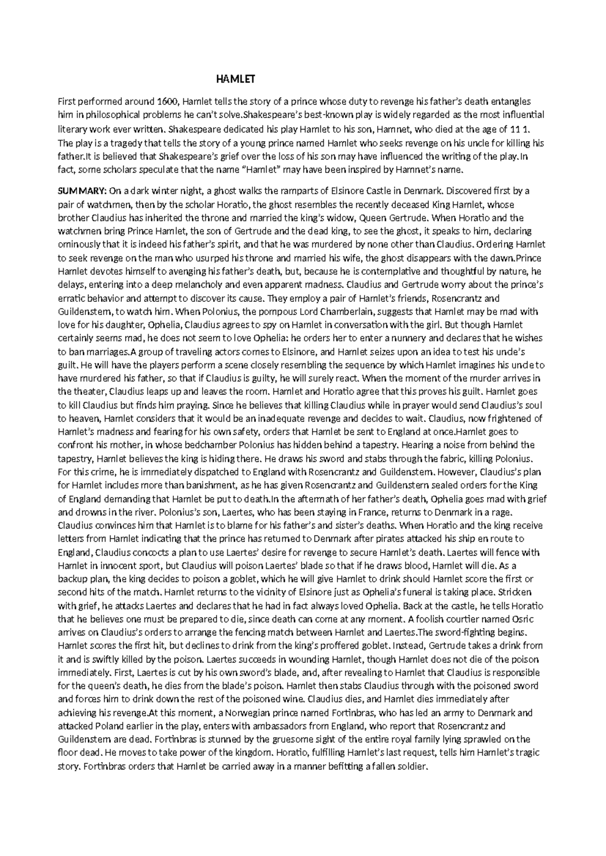 Hamlet - Analisi e Riassunto - HAMLET First performed around 1600 ...