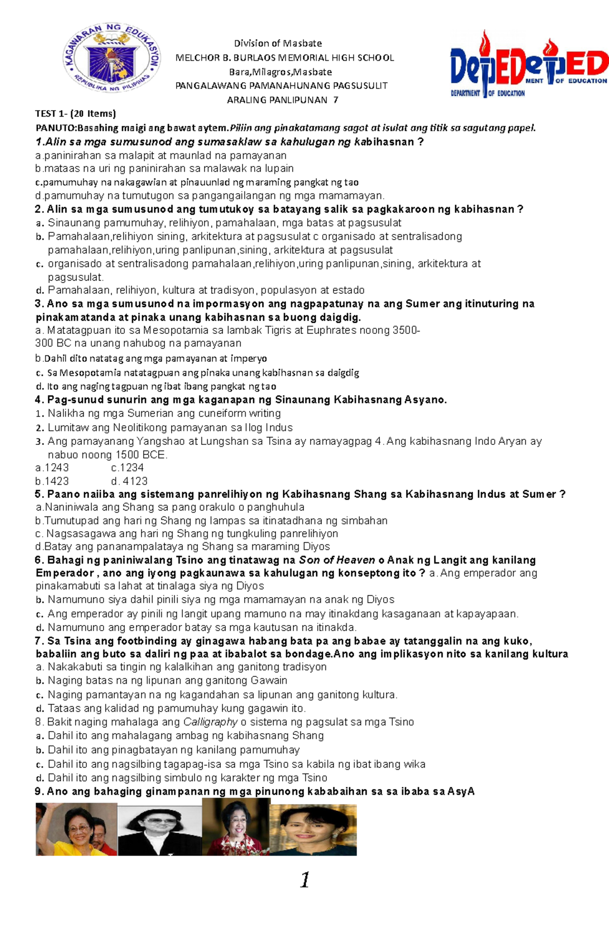 AP 7 quarter 2 EXAM - Carms - Division of Masbate MELCHOR B. BURLAOS ...