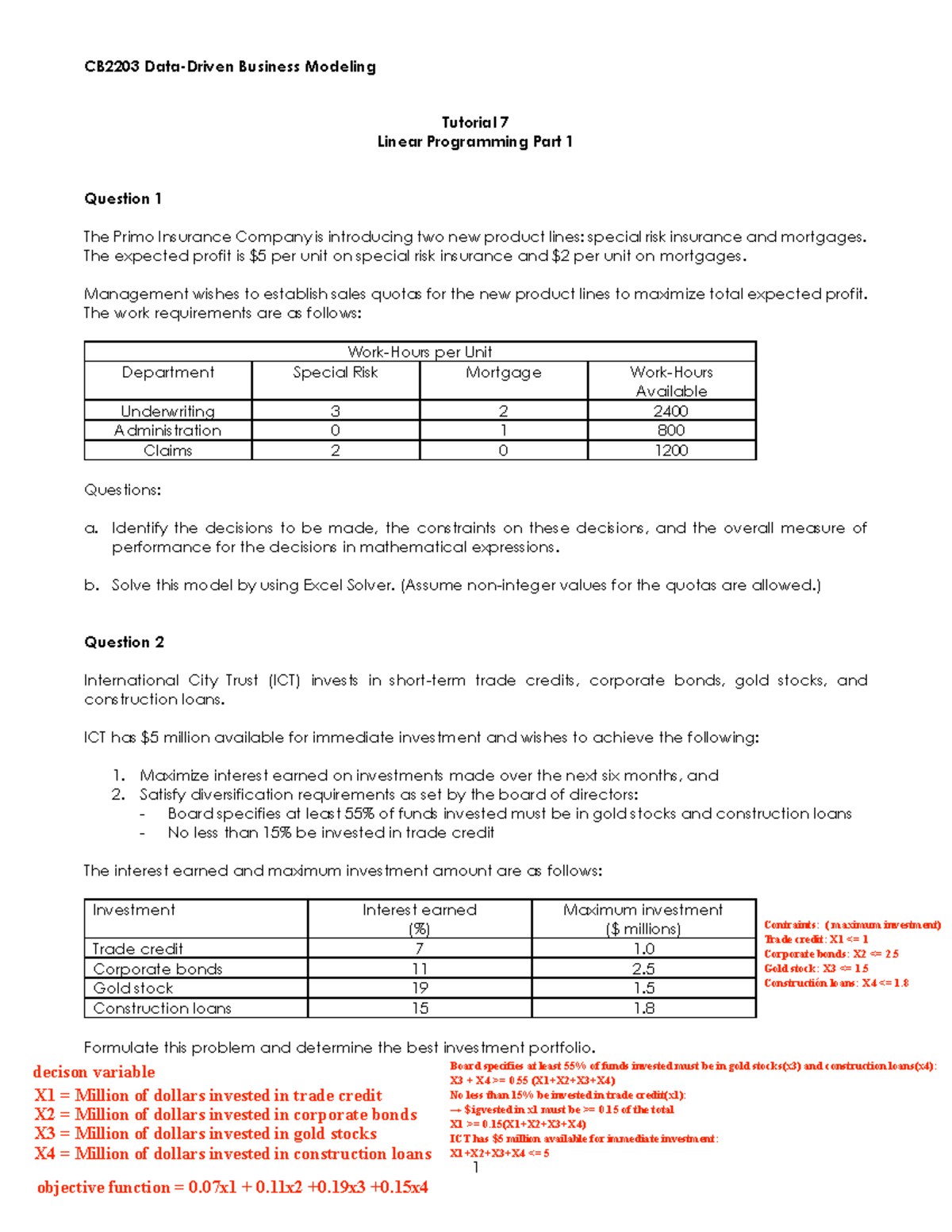 Tutorial 7 Lp Part 1 Cb2203 Data Driven Business Modeling 1 Tutorial 7 Linear Programming Part