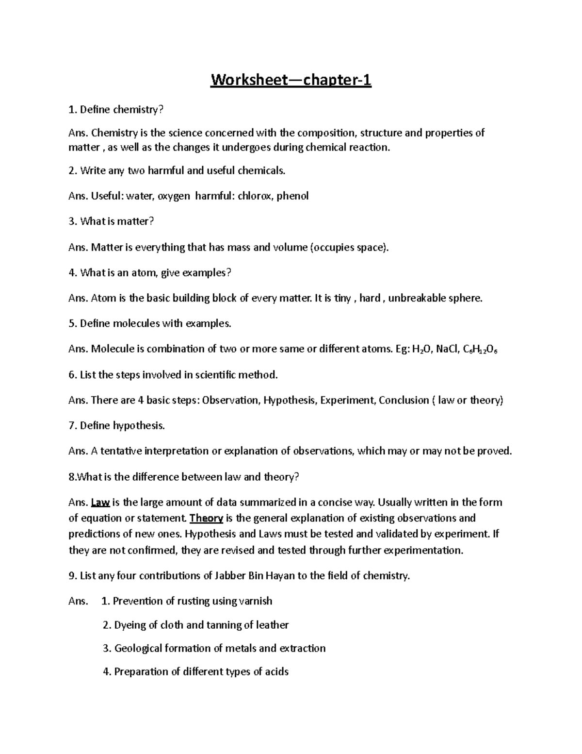 Worksheet chapter-1 - Worksheet—chapter- Define chemistry? Ans ...