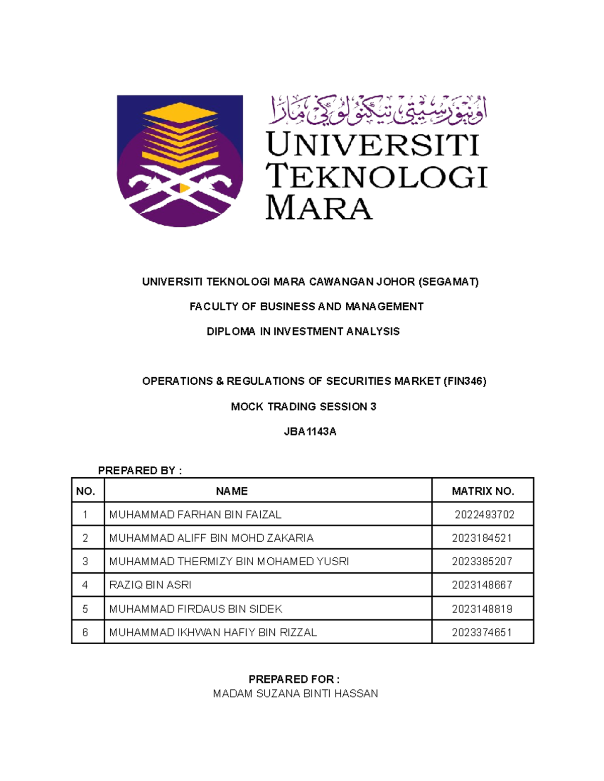 Mock trading session 3 - UNIVERSITI TEKNOLOGI MARA CAWANGAN JOHOR ...