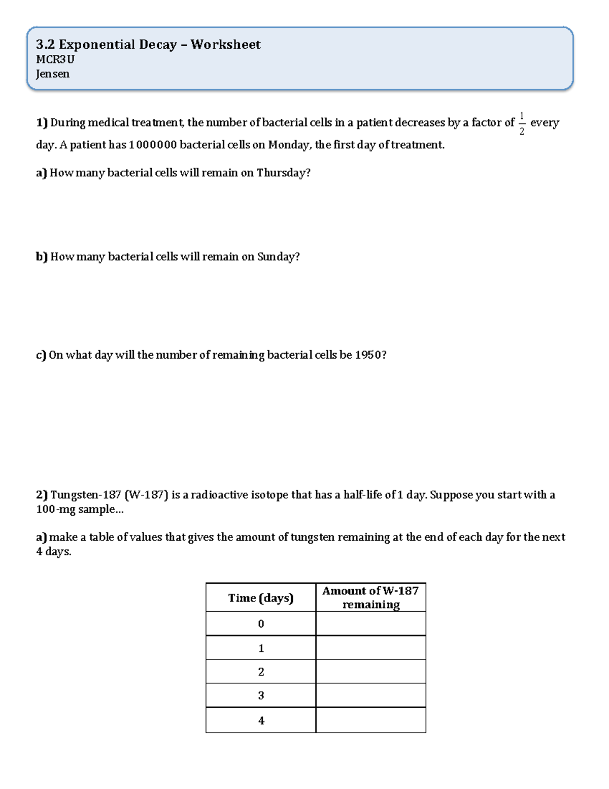 Math Exponents Questions - 3 Exponential Decay – Worksheet MCR3U Jensen ...