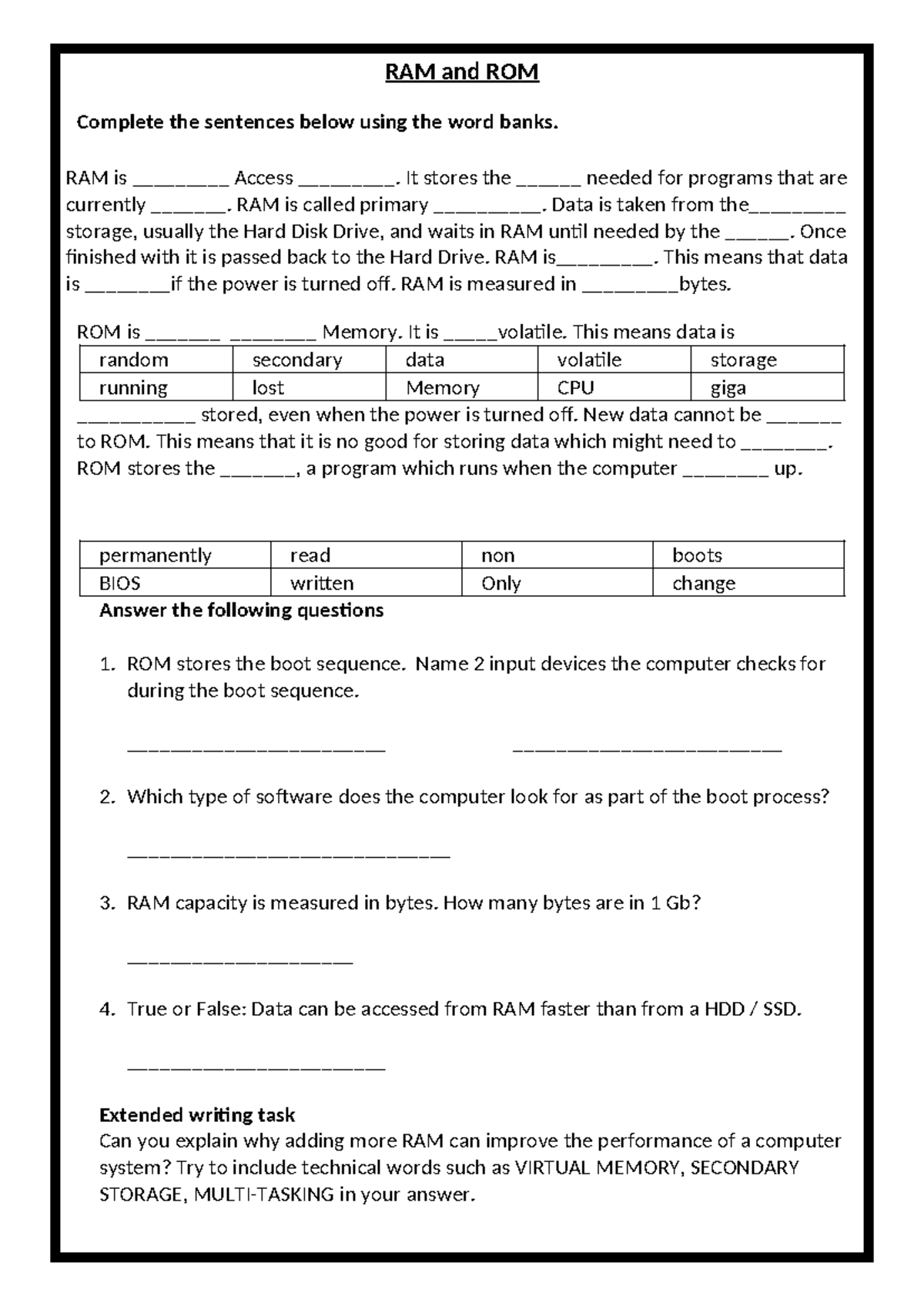 GCSE Computing Homework RAM and ROM - RAM and ROM Complete the ...