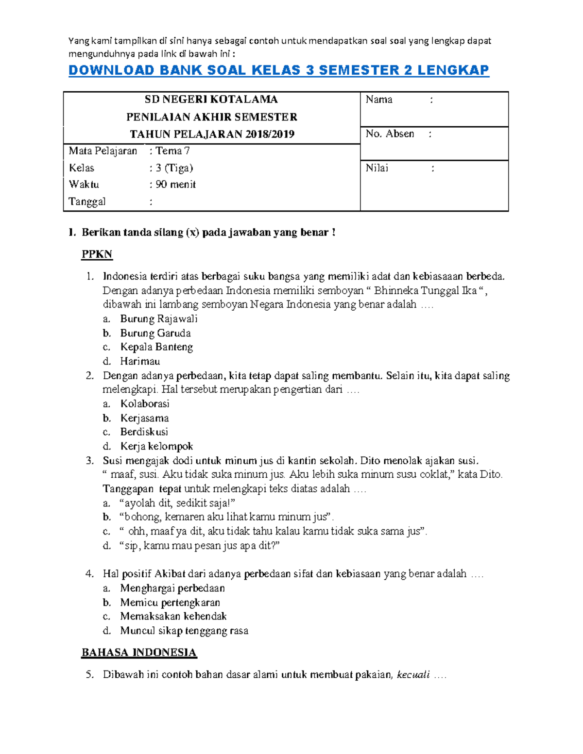 Penilaian Akhir Semester Kelas 3 - mengunduhnya pada link di bawah ini ...