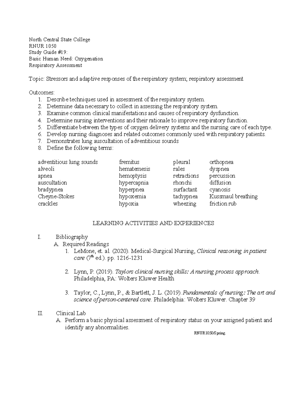 SG #19 Respiratory Assessment - North Central State College RNUR 1050 ...