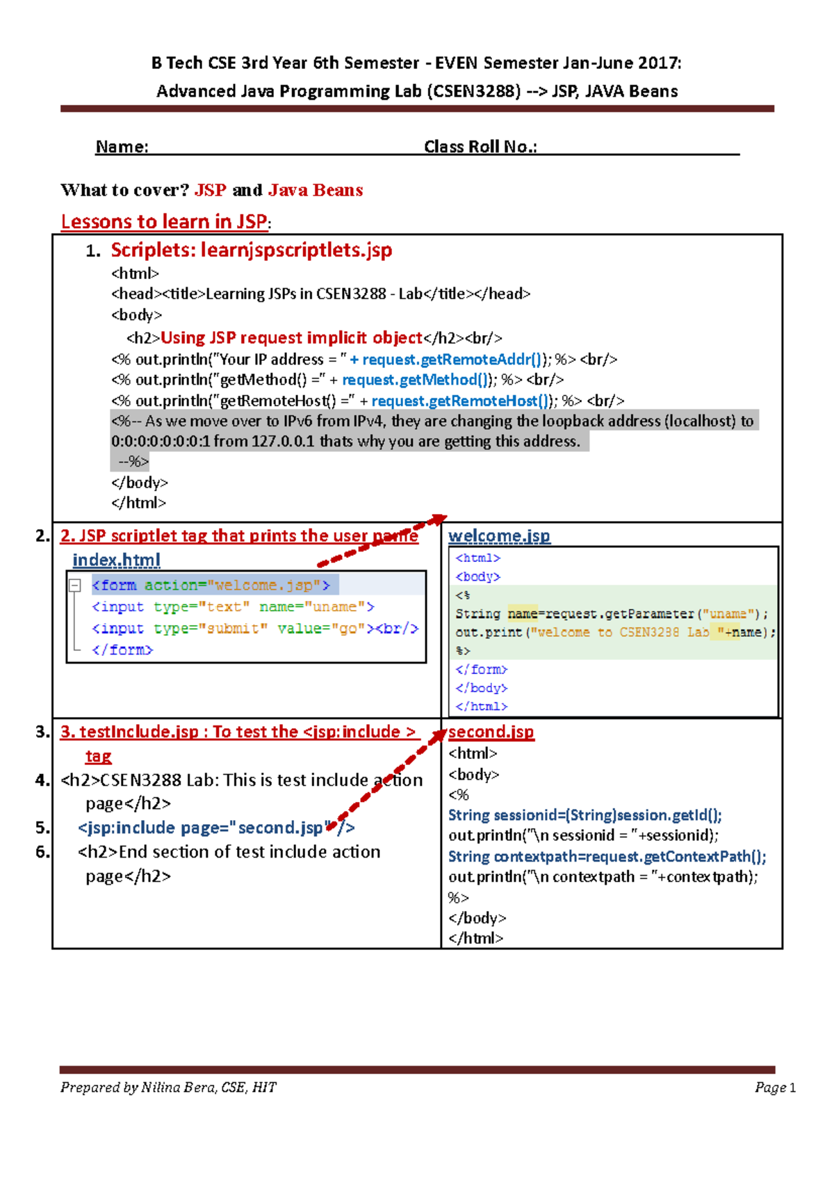 10 - Advanced Java Programming Lab (CSEN3288) -> JSP, JAVA Beans Name ...