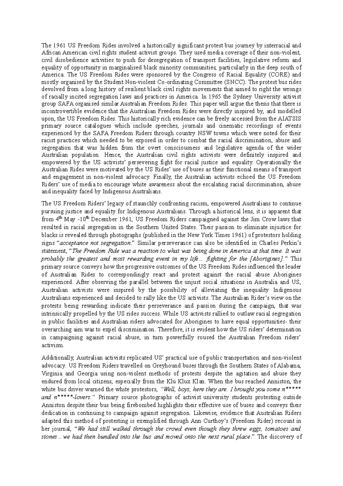 History Essay 1 - The 1961 US Freedom Rides involved a historically ...