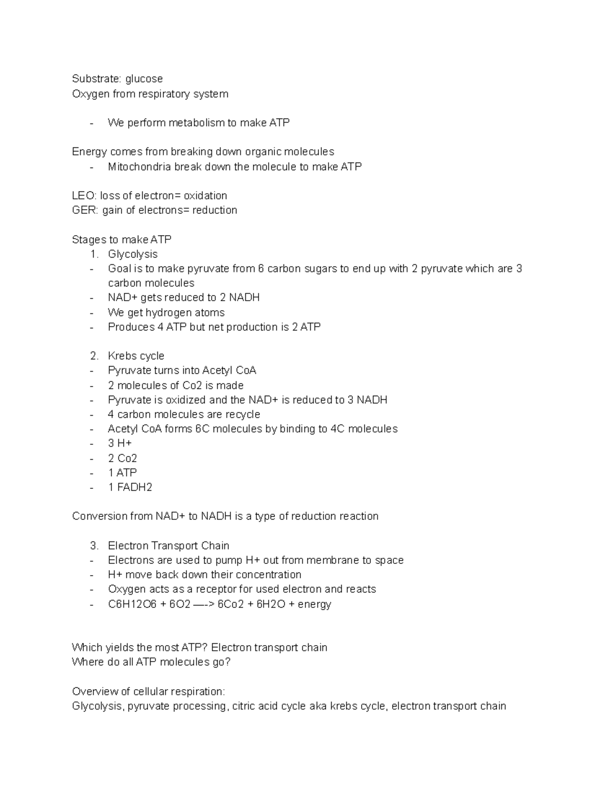 Lecture 13 cellular metabolism - Substrate: glucose Oxygen from ...