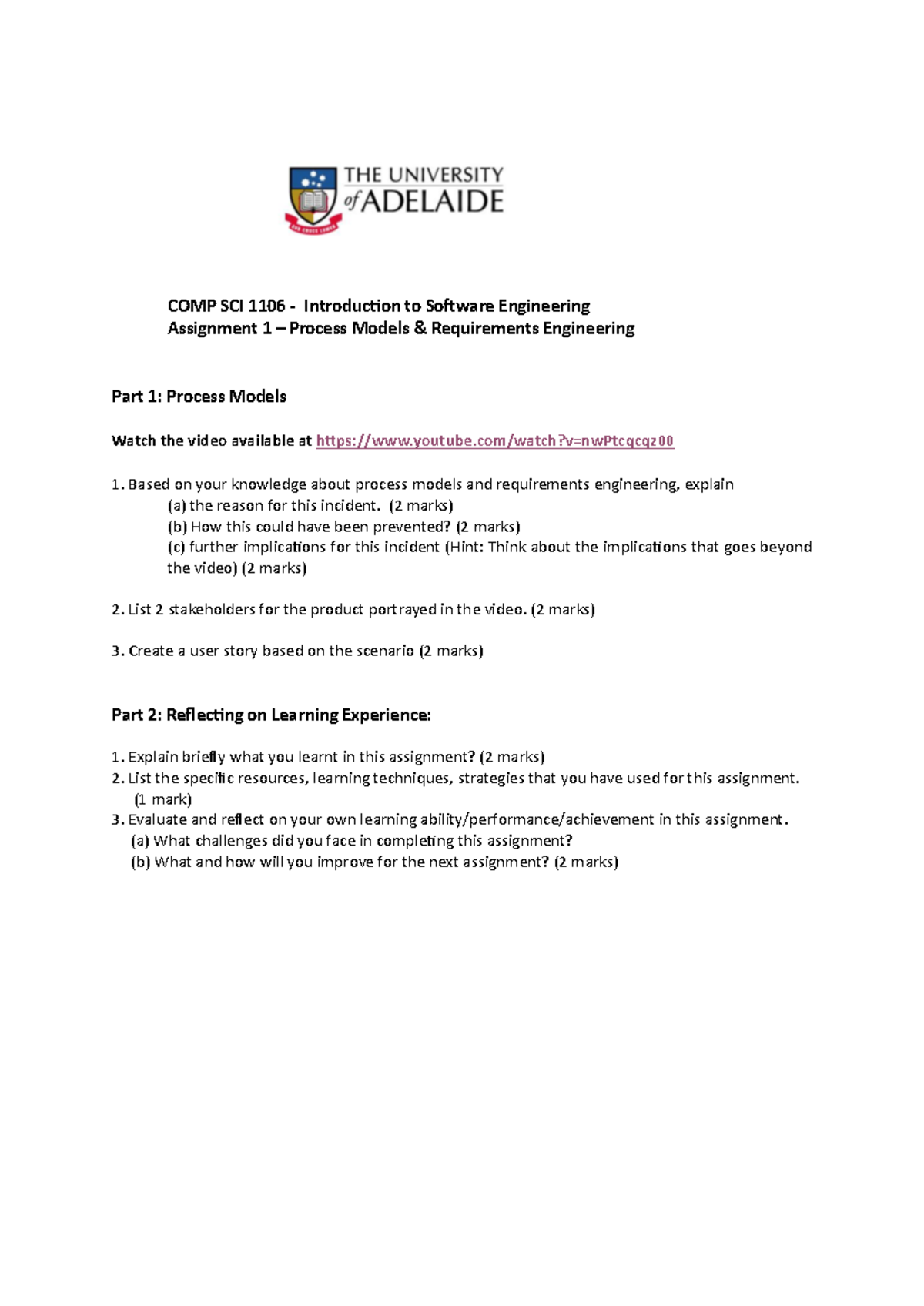 COMP SCI 1106 Assignment 1 - COMP SCI 1106 - Introduc3on to So 4 ware ...