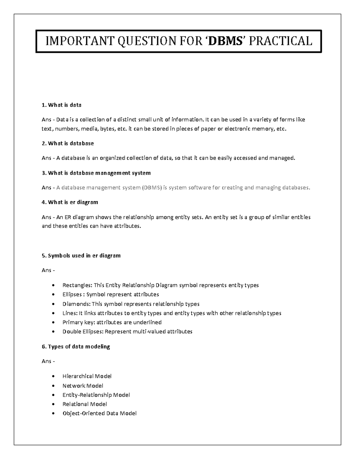 'DBMS' Important Question's2 - What is data Ans - Data is a collection ...