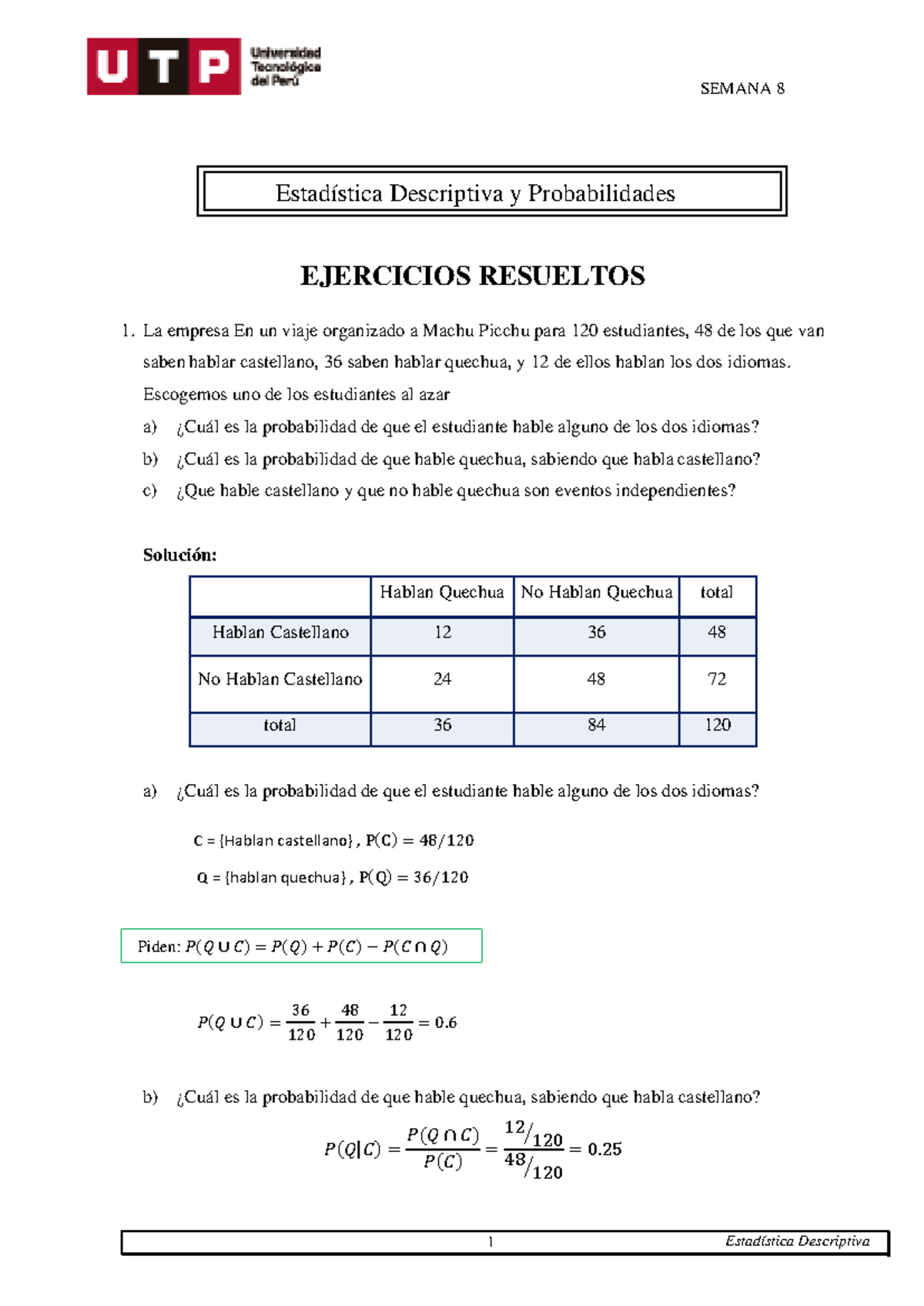 S08.s1 - Ejercicios resueltos - Estadística Descriptiva y Probabilidades EJERCICIOS RESUELTOS La ...