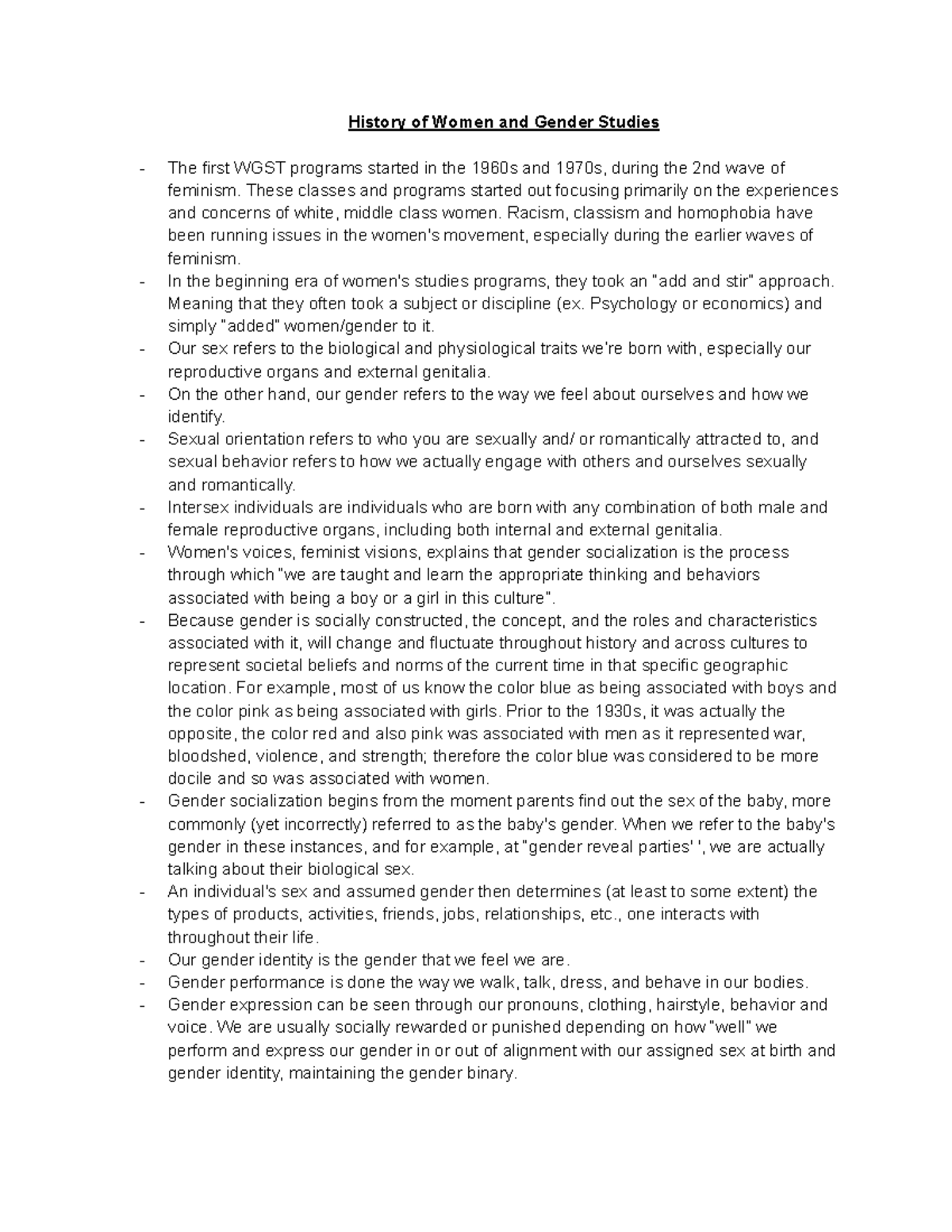 WGST 215 module 1 notes - History of Women and Gender Studies The first ...