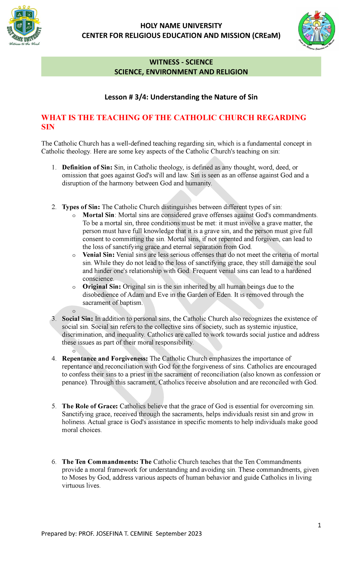 Supplementary Discussion on SIN - CENTER FOR RELIGIOUS EDUCATION AND ...