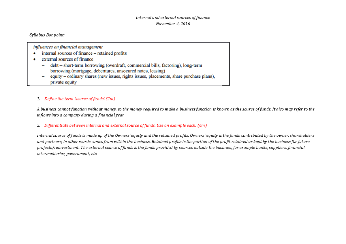 Internal and External Sources of Finance- Business yr 12 - November 4 ...