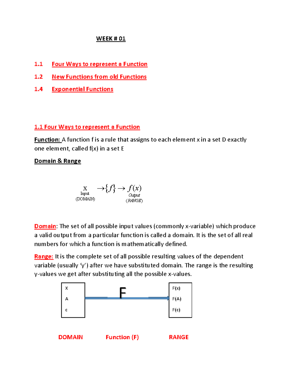 WEEK 01 - WEEK 01 1 Four Ways to represent a Function 1 New Functions ...