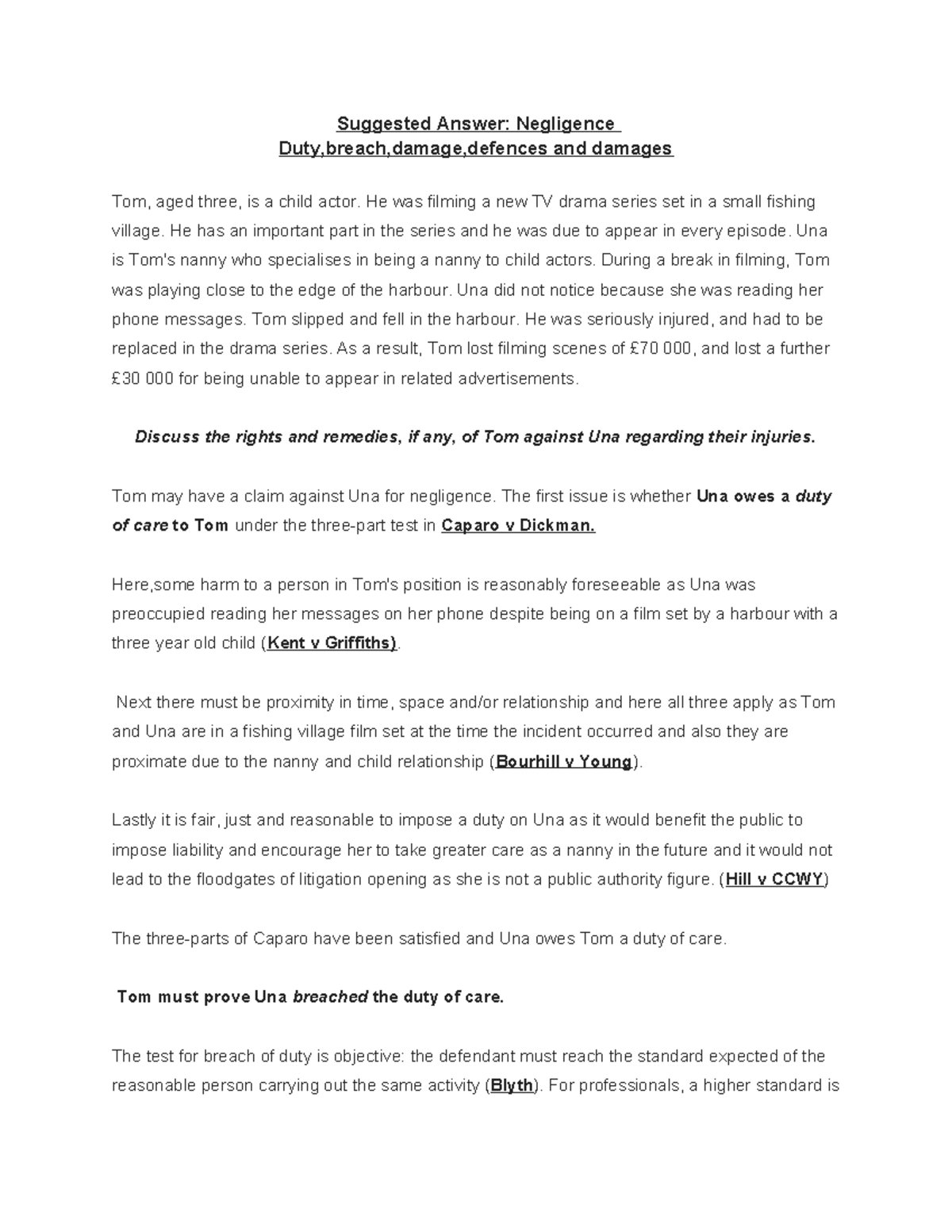 Suggested Answer Negligence - Suggested Answer: Negligence Duty,breach ...