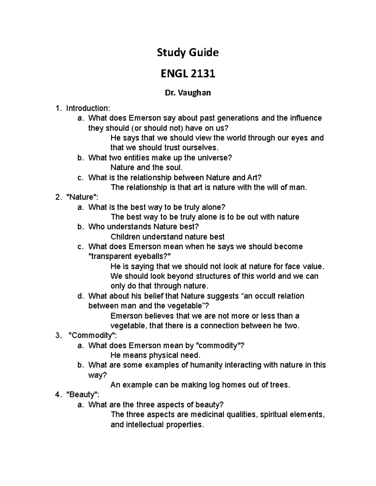Nature Study Guide - Study Guide ENGL 2131 Dr. Vaughan Introduction: a ...